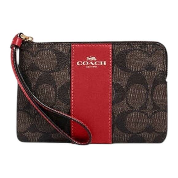 Coach | Bags | Coach Corner Zip Wristlet Goldbrown 941 Red Signature ...